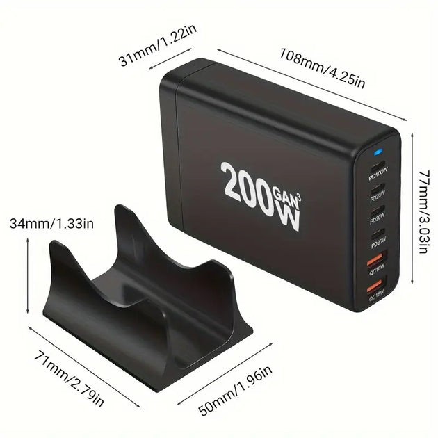 Dark Player 200W GaN USB-C Charger | 6-Port Fast Charging Station | 1x ...